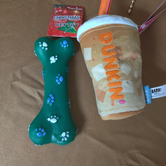 Bark | Dog | Two New Dog Toys Green Squeak Bone And Bark Dunkin Iced ...
